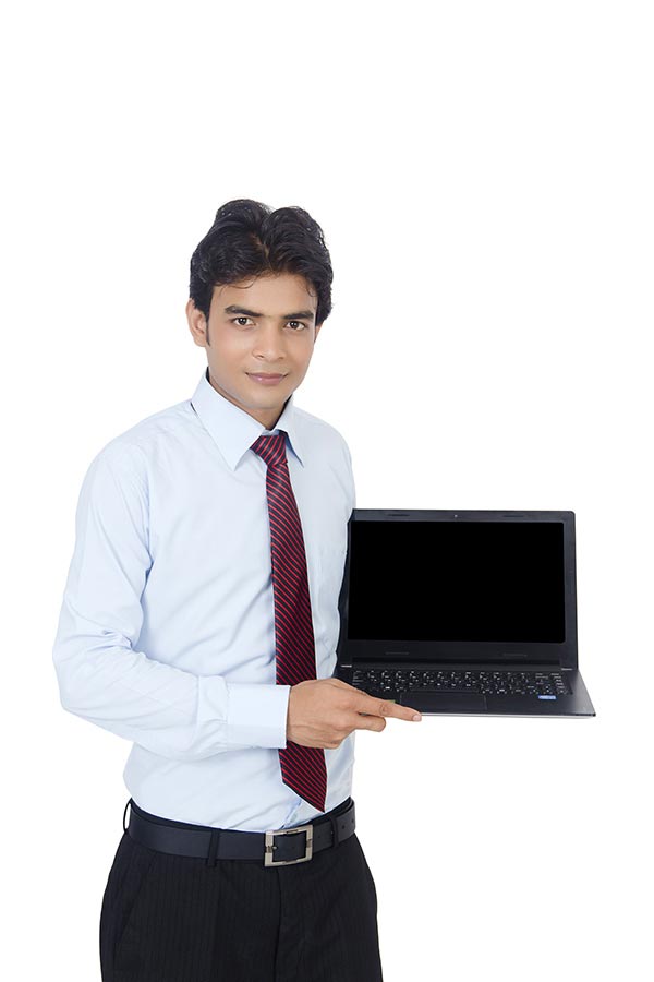 Young salesman presenting brand new laptop