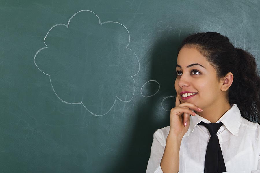 High-School Girl Student Thinking thought cloud on-Blackboard Standing ...