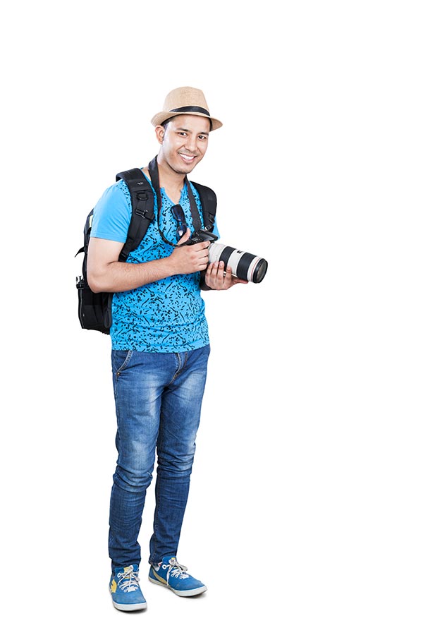 Indian photographer Man Standing Holding Digital Camera On White Background