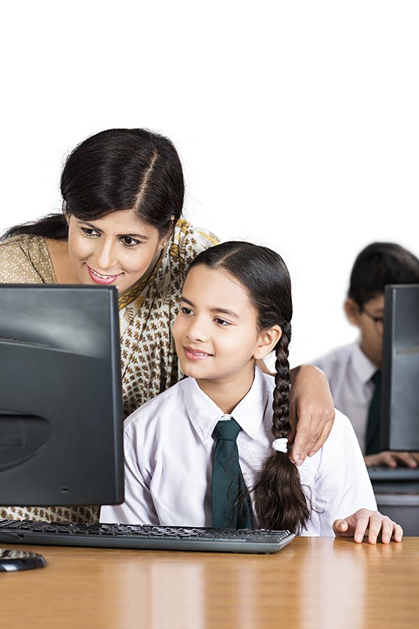 Elementary-School Student-Girl Computer Study With Teacher Teaching ...