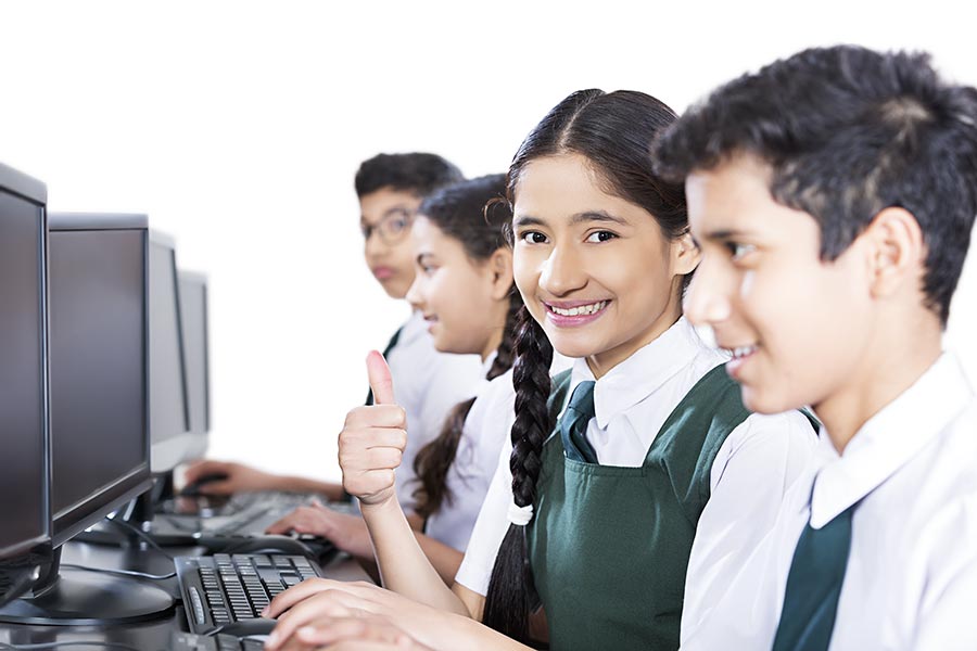 High-School Students Using Computer And Showing Thumbs-up Studying E ...
