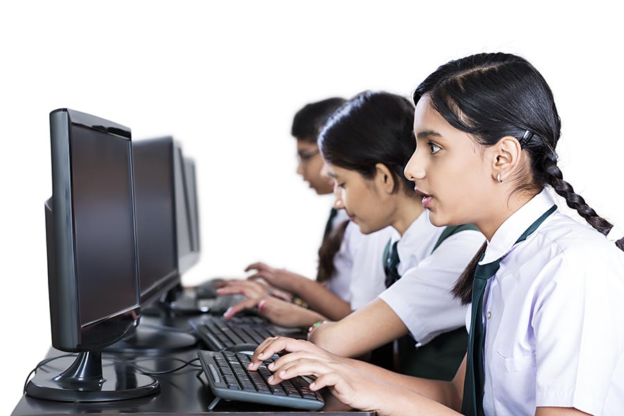 Indian School Students Looking-at Computer At-Work Studying E-Learning ...