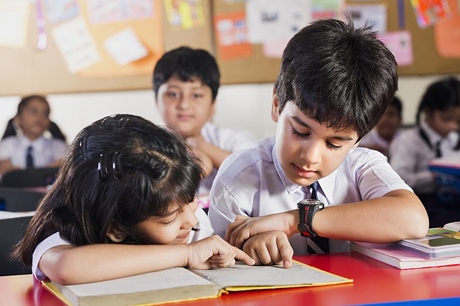 Indian School Kids Students Friend Reading Book Studying Education In ...