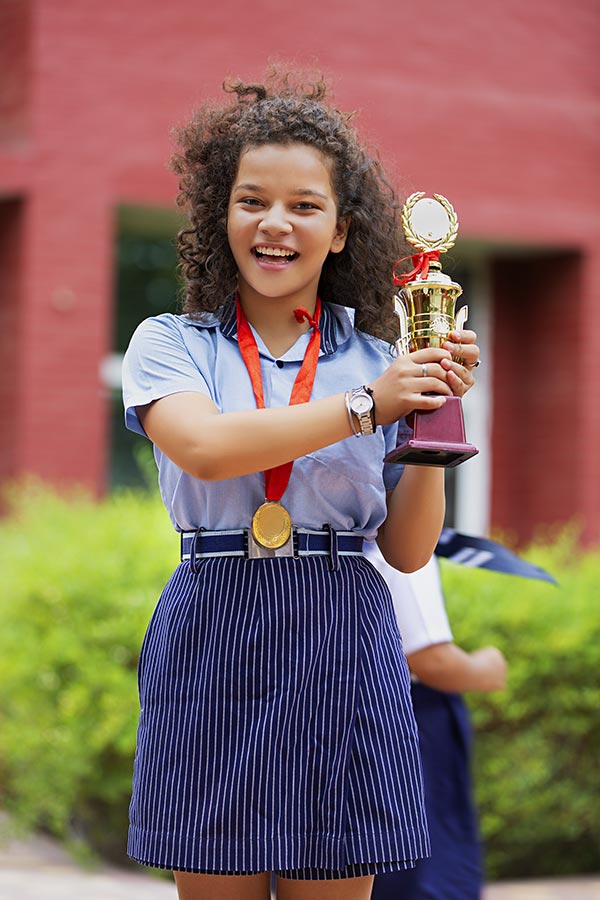 School Teenage-Girl Student Holding Victory Trophy Celebrating Success ...